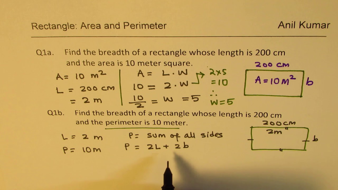 For Length Of 200 Cm And Area On 10m 2 Find Breadth YouTube For Length Of 200 Cm And Area On 10m 2 Find Breadth YouTube