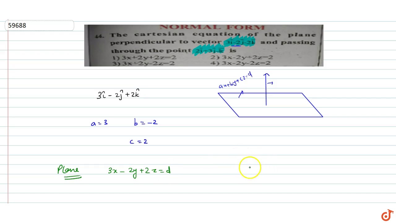 The cartesian equation of the plane perpendicular to vector `3 vec i-2 ...