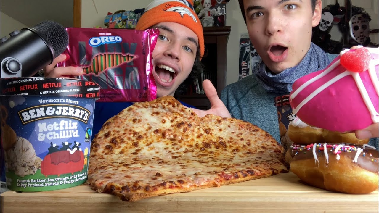 ASMR EATING HEART SHAPED PIZZA HEART SHAPED DONUTS NETFLIX N CHILLIN ...