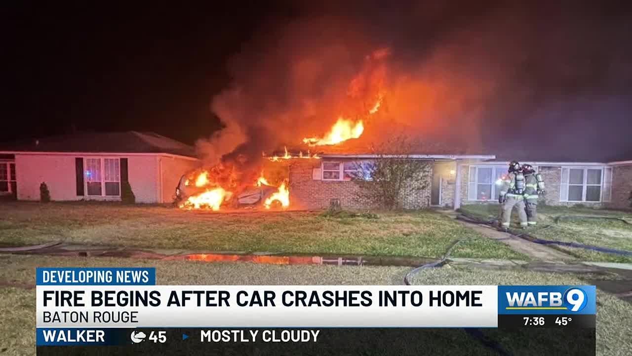 Fire begins after car crashes into home early Saturday morning - YouTube