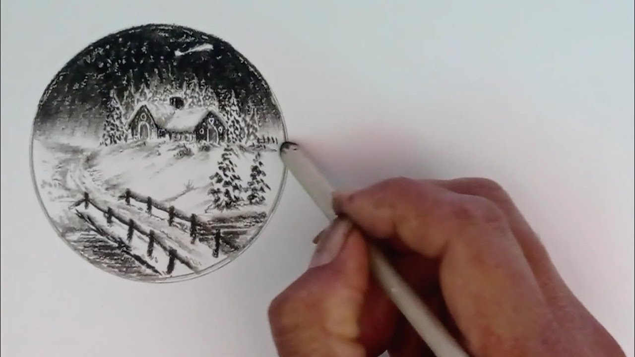 Real time drawing! Winter season landscape drawing in a circle ! - YouTube
