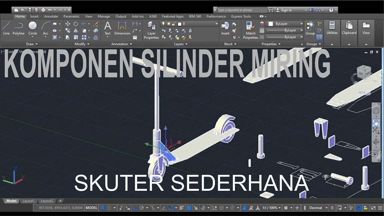Autocad - Skuter Sederhana Komponen Silinder Miring Part 12 - YouTube