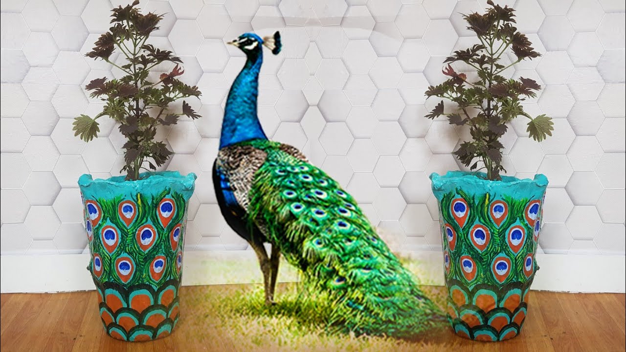 DIY-Peacock design| CEMENT POT PROJECT| POT PAINTING - YouTube