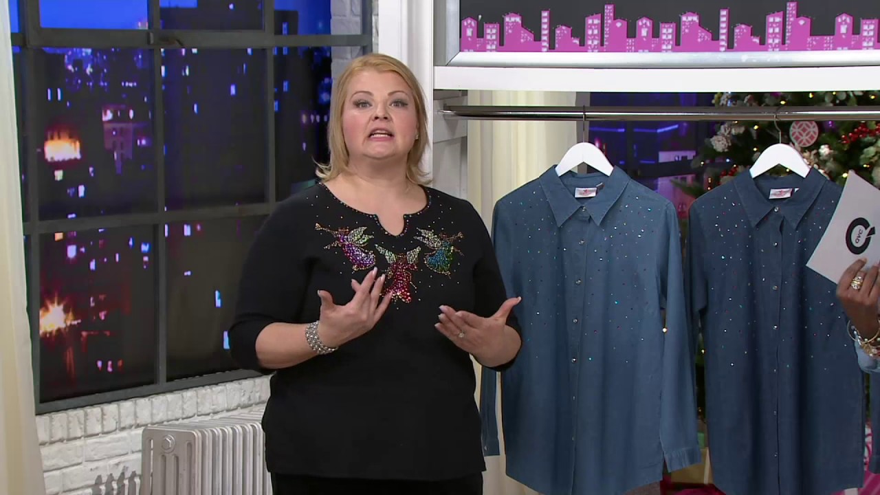 Quacker Factory Denim Shirt with Multi-Color Rhinestone on QVC - YouTube