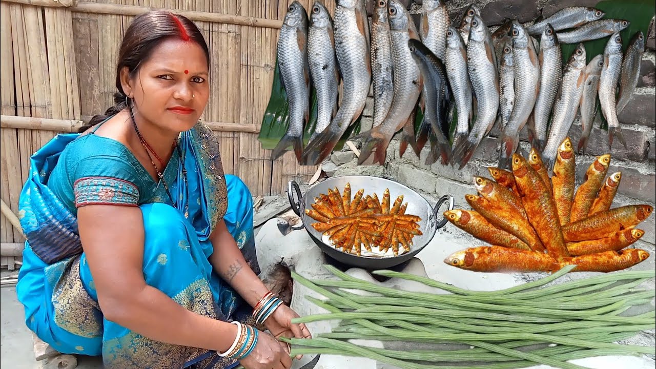 small fish cooking , Village girl catching fish , fish fry recipe ...