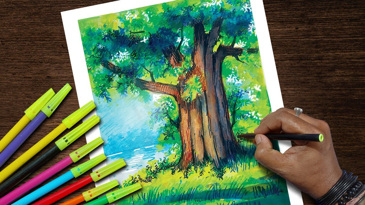 Tree scenery drawing with sketch pen | Easy Tree Drawing | Draw with ...