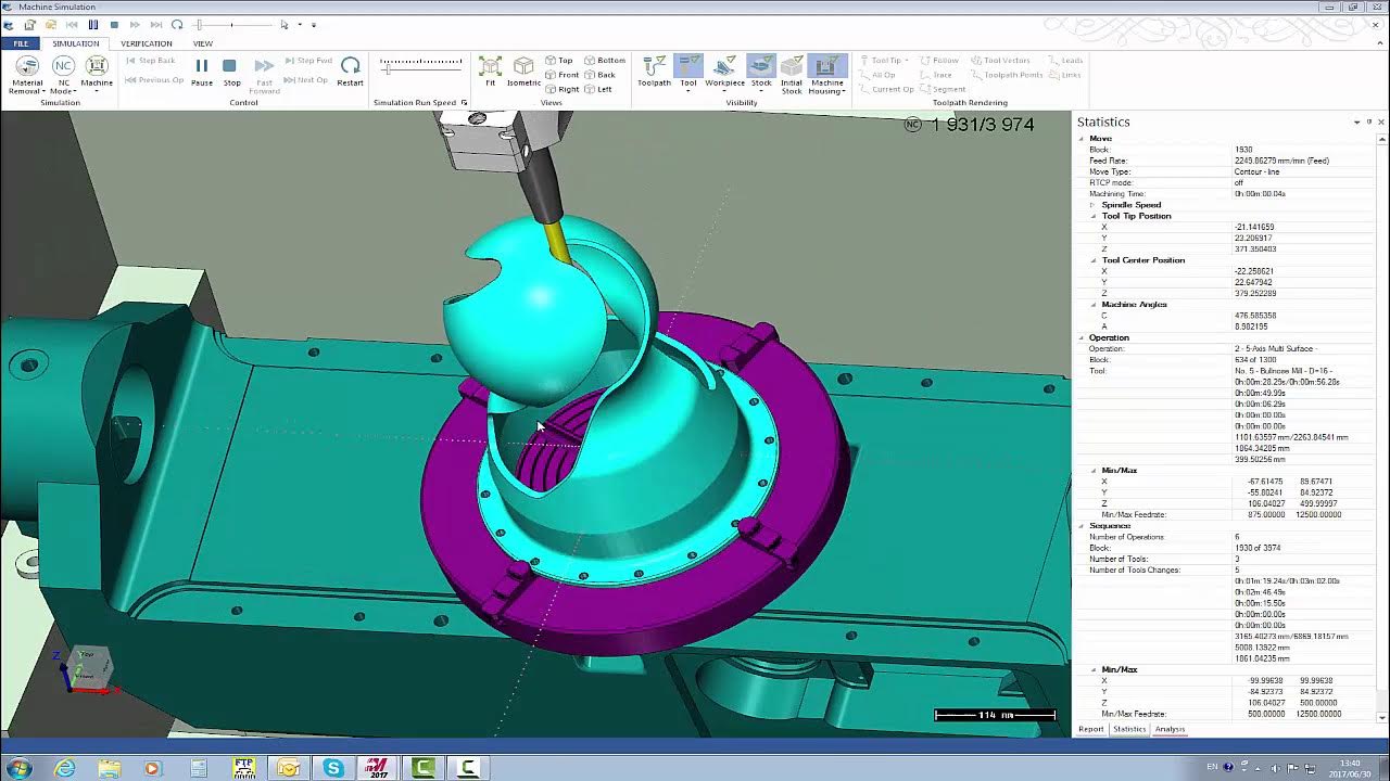 MASTERCAM TUTORIAL MACHINE SIMULATION WITH SWARF AND PROJECT CURVERS 5 AXIS - YouTube
