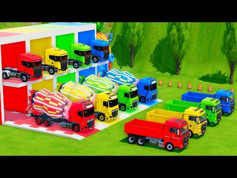 Garage with Colors - ALL MIXER TRUCK WITH DOUBLE FLATBED TRAILER TRUCK, SCANIA, DAF, MAN - FS22