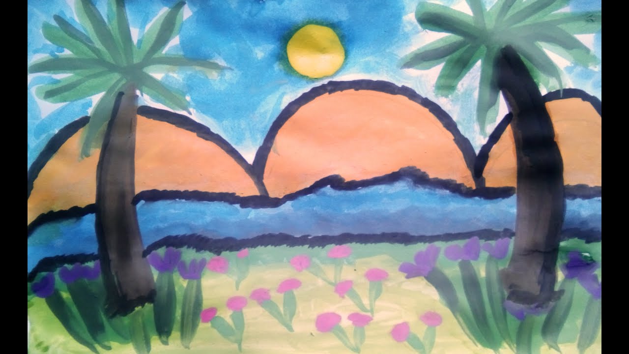 simple and easy oasis natural scenery drawing/painting with flowers ...