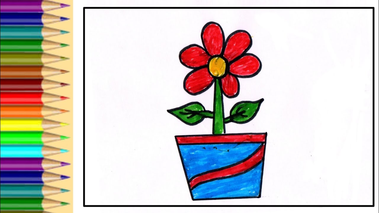 Easy and simple flower pot drawing for kids | Kids flower pot drawing ...