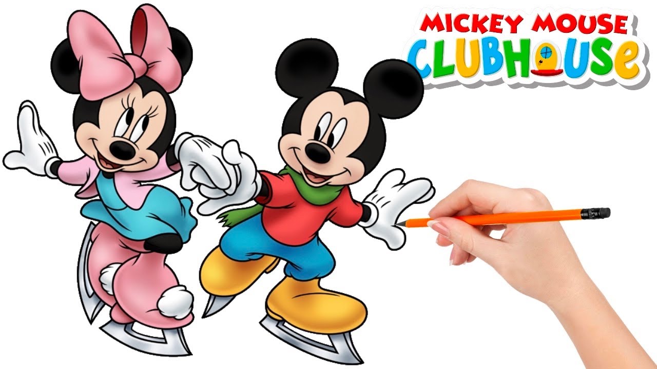 How to draw Mickey and Minnie skating on ice - YouTube