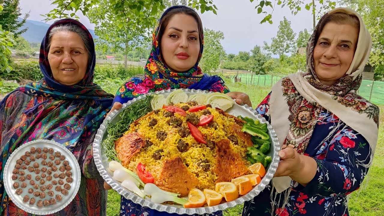 Cabbage pilaf with delicious Iranian meatballs prepared in a rural ...