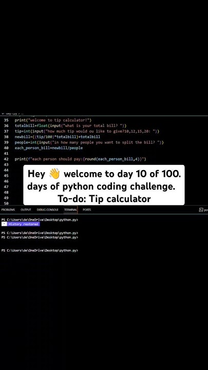 Tip calculator day 10 of 100 days of python coding challenge #tipcalculator#shorts - YouTube