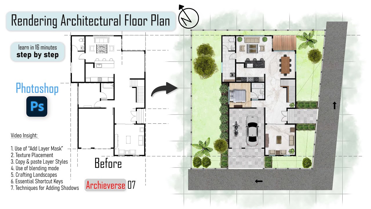 Rendering Architectural Floor Plan in photoshop | 16 min step by step ...