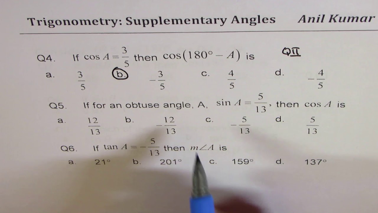 Trigonometric Ratios Obtuse and Supplementary Angles PreCalculus - YouTube