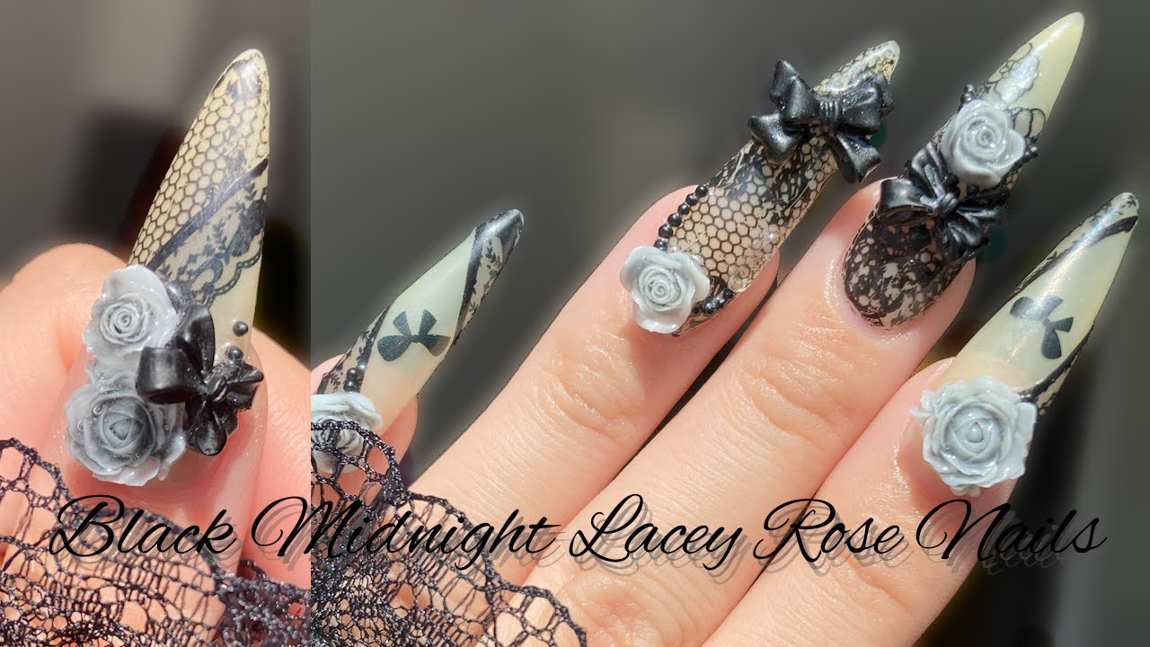 Black Midnight Lacey Rose Nails 🖤 | Korean Nails | Self Nail | ASMR ...