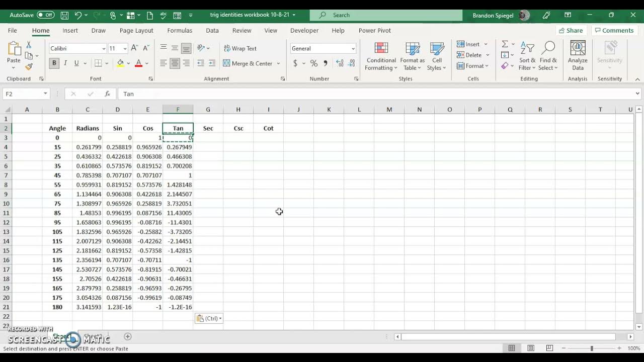 How To Calculate 6 Major Trig Identities in Excel! Sin, Cos, Tan, Sec ...