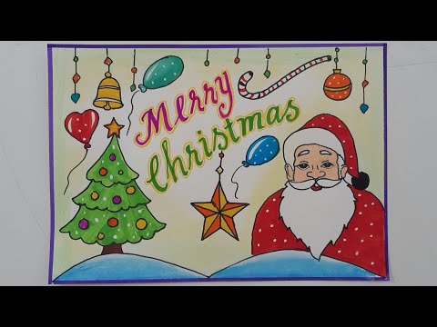 Merry Christmas Drawing//Merry Christmas Poster Drawing//Santa Claus Drawing//Christmas Tree Drawing