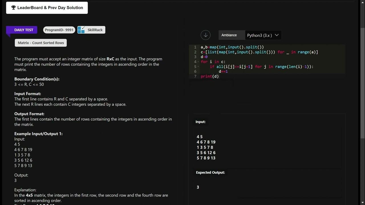 Skillrack Daily Test 07122023 Matrix Count Sorted Rows Program Id 9991 Python