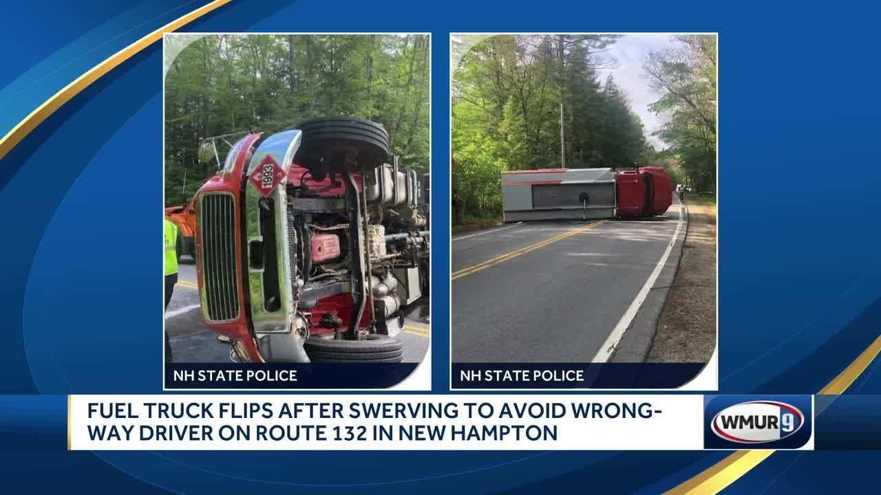 Fuel truck flips over after swerving to avoid wrong-way driver on Route 132 in New Hampton - YouTube