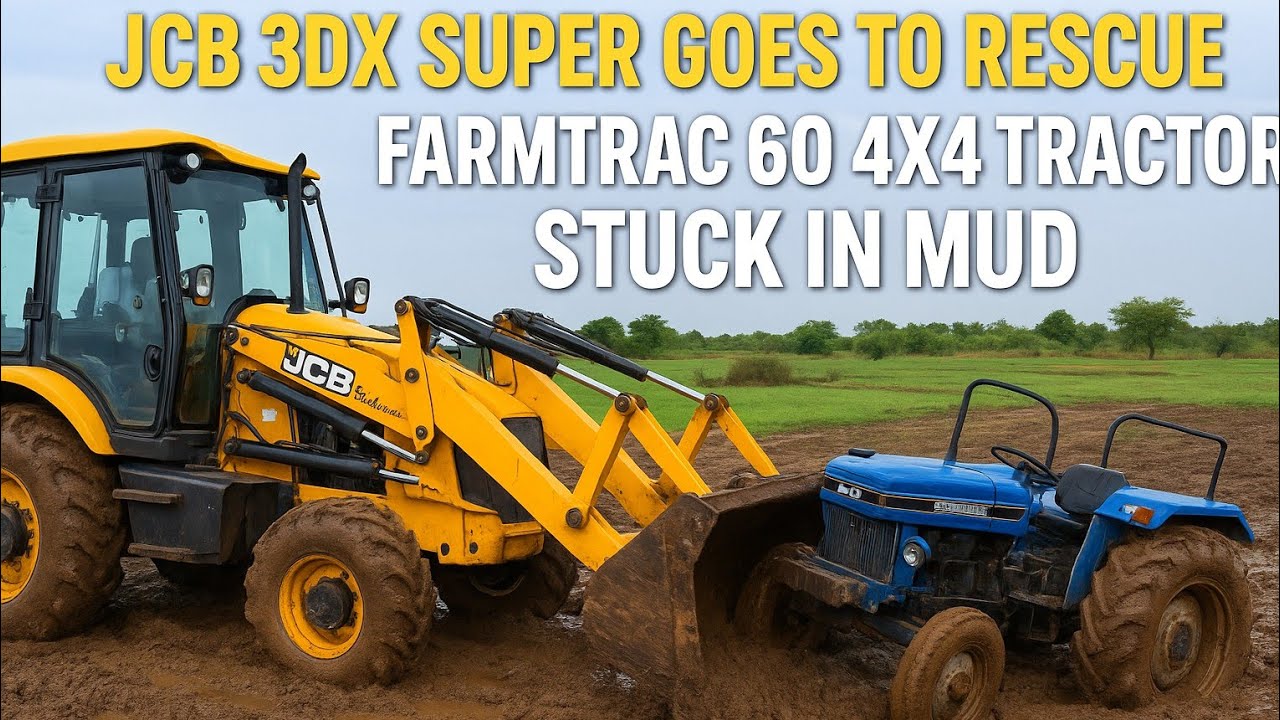 JCB 3DX Super Goes to Rescue Farmtractor 60 4x4 Tractor Stuck in Mud ...