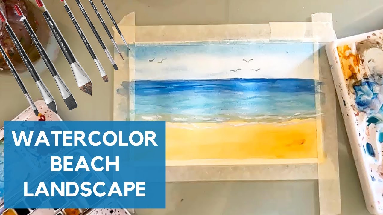 Watercolor Beach Landscape | Easy Watercolor Beach Tutorial for ...
