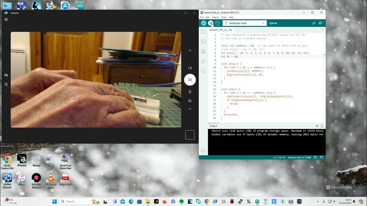 My video for Paul McWhorter's Arduino R4 Lesson 6 - making a bigger LED binary counter - YouTube