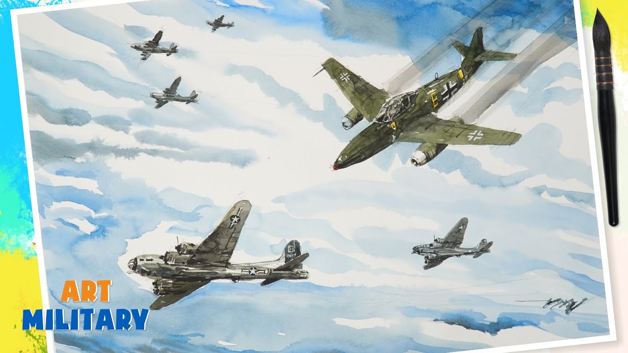 Watercolor painting 36# - Messerschmitt Me 262 vs B17 - WWII ...