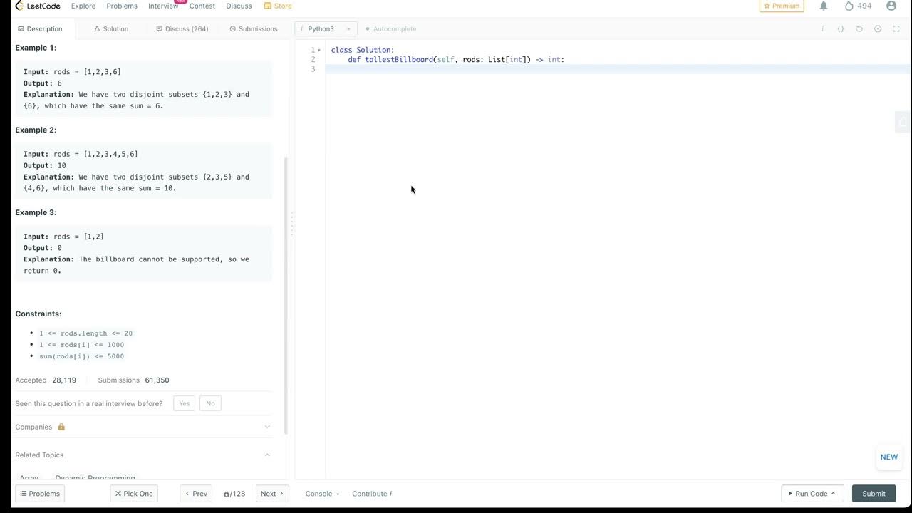 956. Tallest Billboard | Leetcode Hard| #leetcodedailychallenge - YouTube