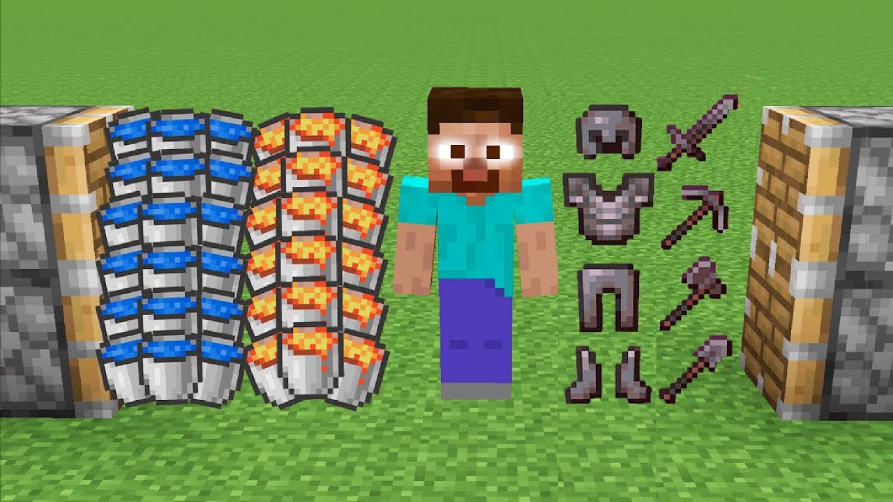 water buckets + lava buckets + steve + all netherite armor = ??? - YouTube