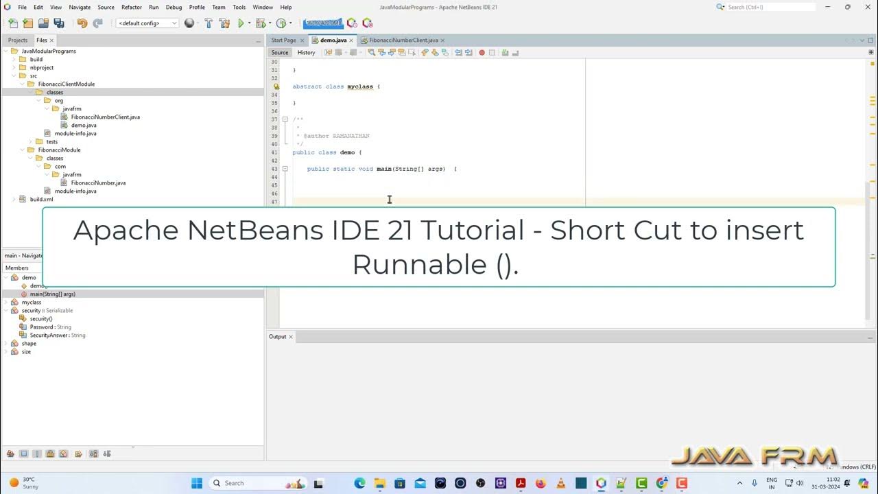 Apache NetBeans IDE 21 Tutorial - Short Cut to insert Runnable () - runn + Tab Key - YouTube