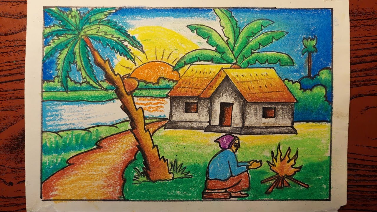 How to draw winter season scenery drawing / Winter village scenery ...