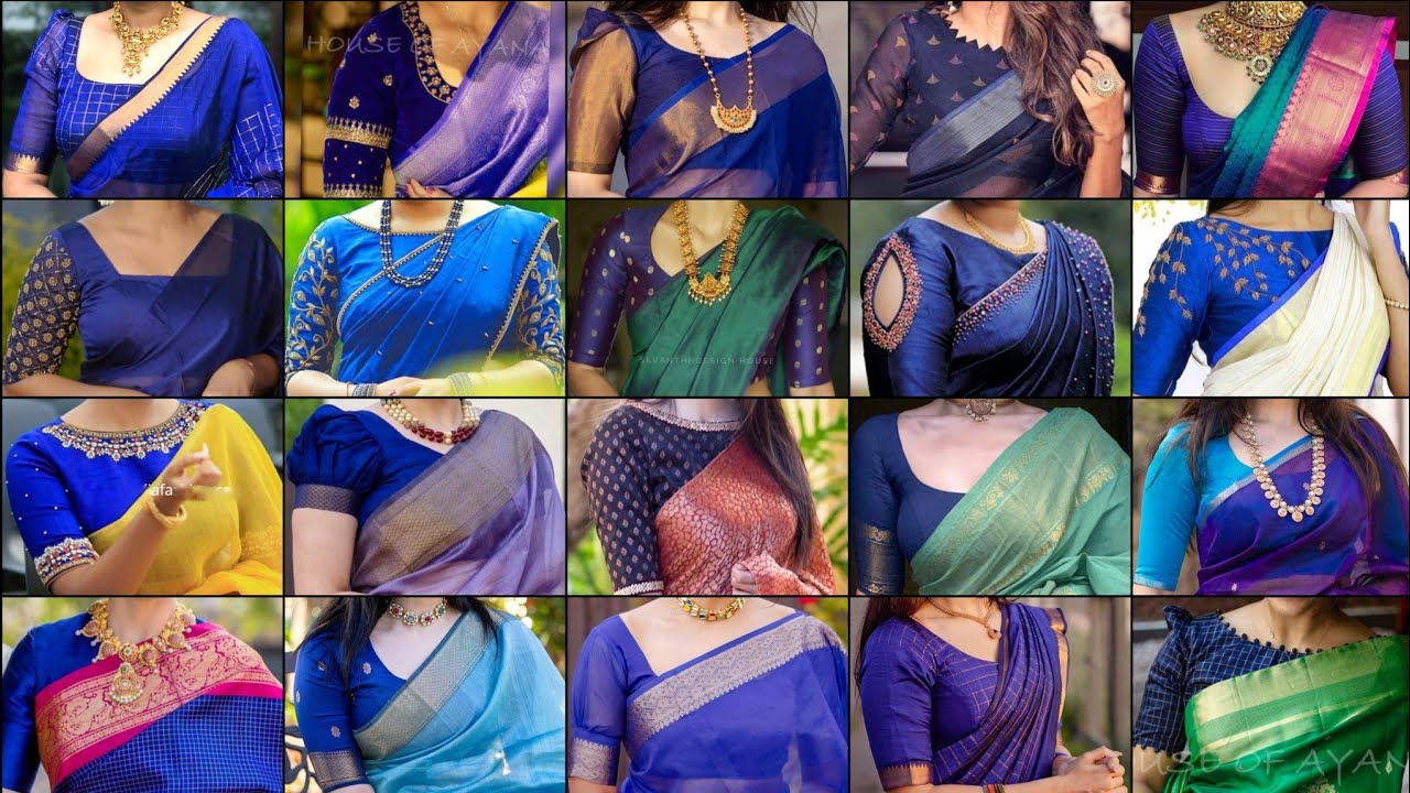 Beautiful Blue Color Blouse Designs 😍| Blue Color Blouses for Contrast Color Silk Sarees ️ ...