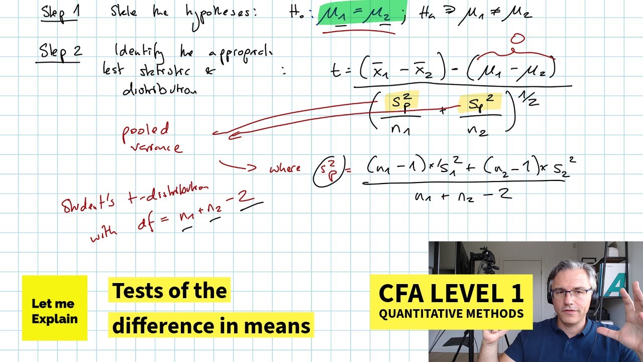 Tests of the difference in means (for the CFA Level 1 exam) - YouTube
