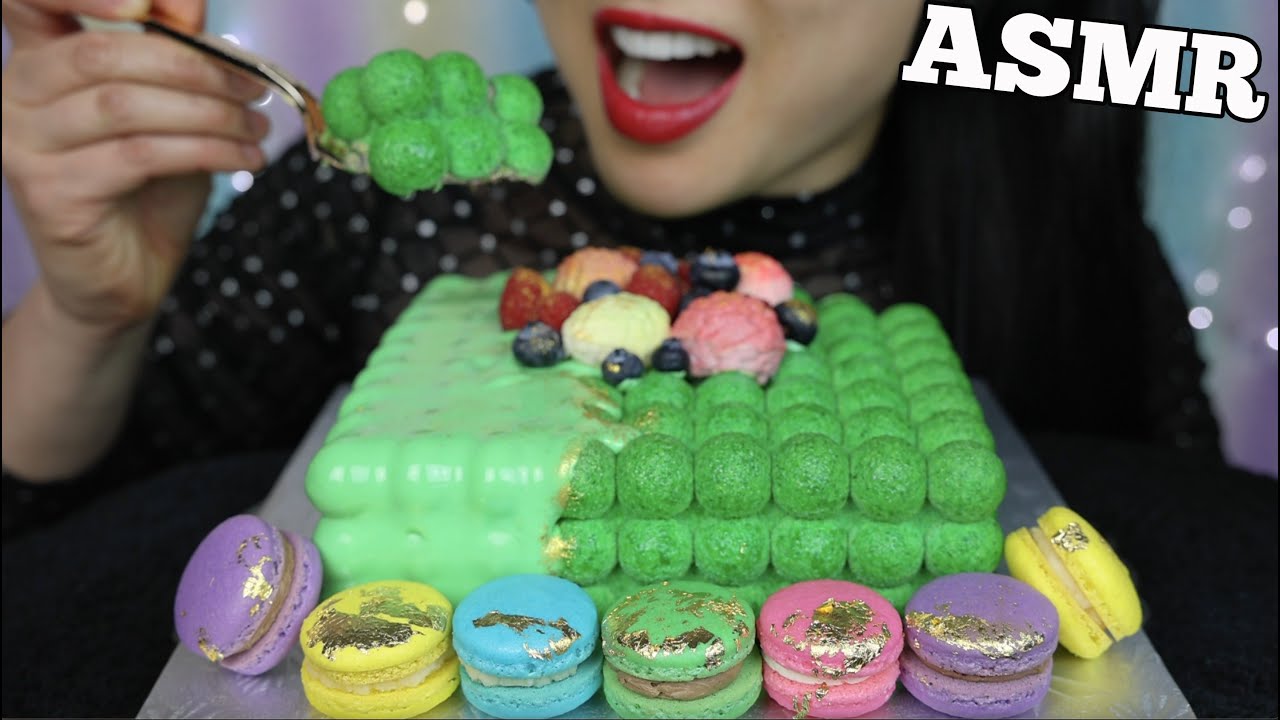 ASMR GREEN BUBBLE MOUSSE CAKE + MACARONS (EATING SOUNDS) NO TALKING ...