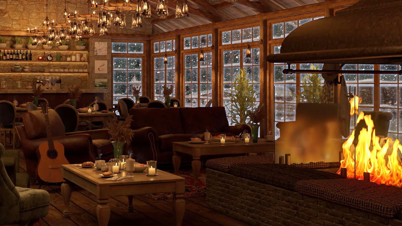 Snowy Winter Night Coffee Shop Ambience with Relaxing Smooth Jazz Music ...