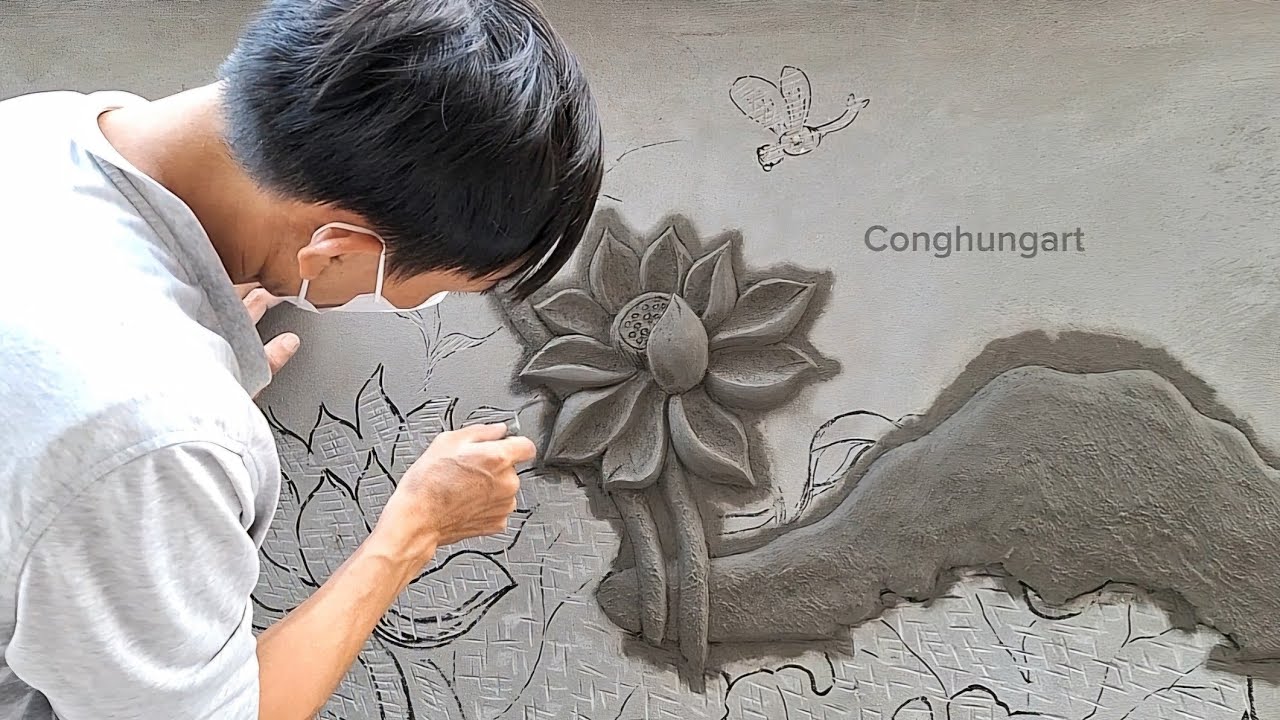 Amazed when he made a cement lotus flower relief - YouTube