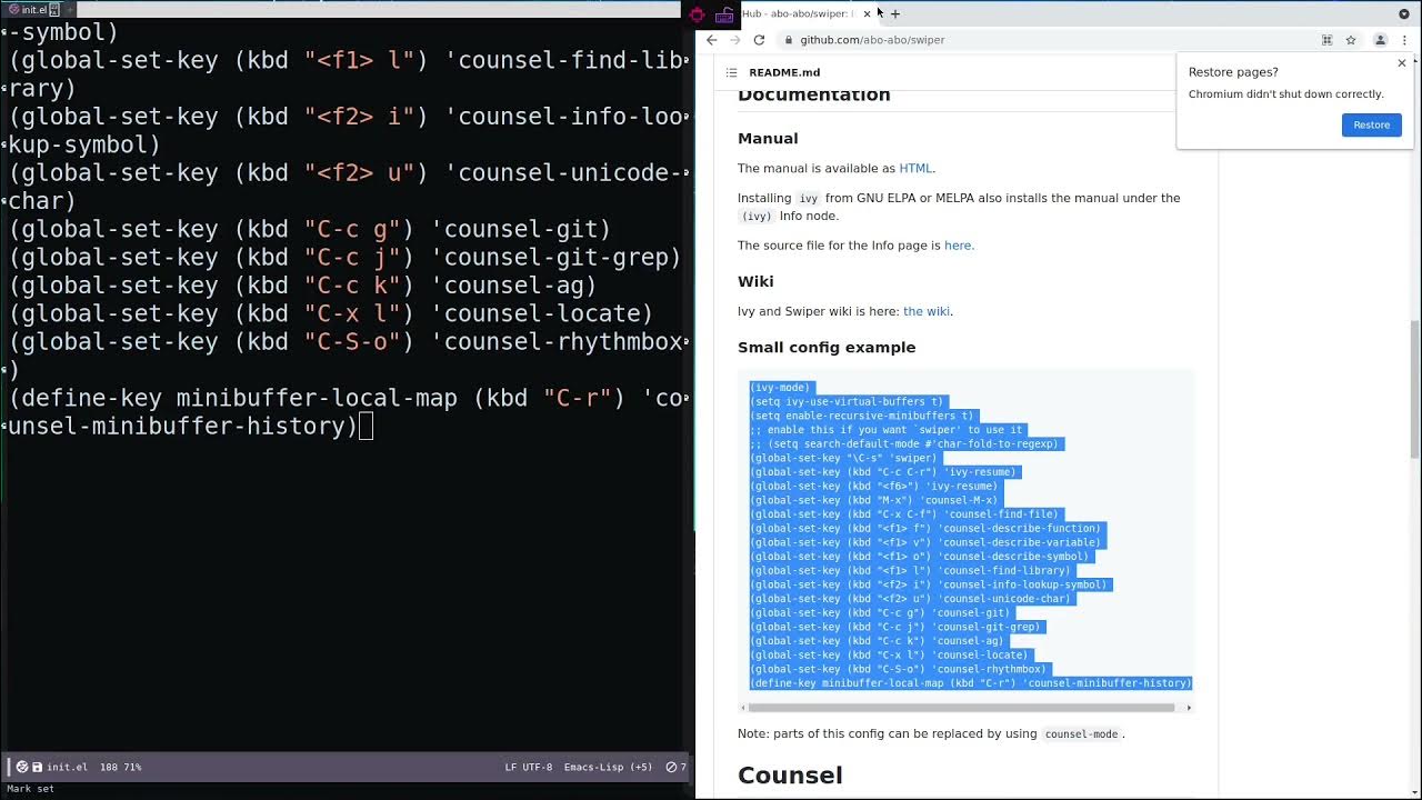 Swiper Search & Centaur-Tabs in Emacs - YouTube