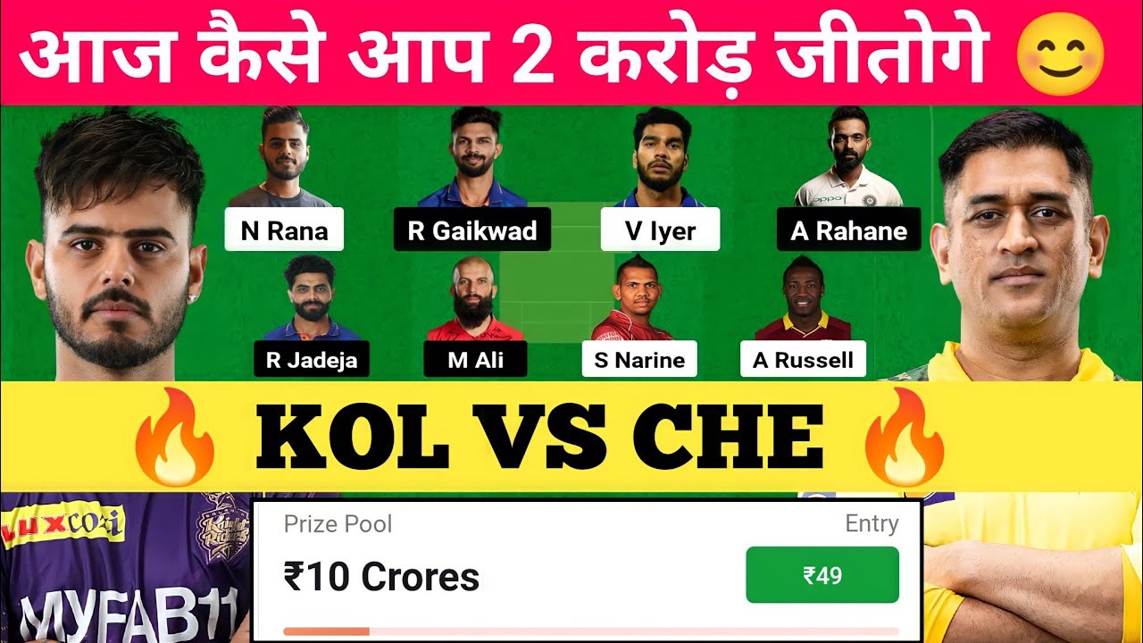 KOL VS CHE DREAM11 | KOL VS CHE TODAY MATCH PREDICTION | KOL VS CHE ...
