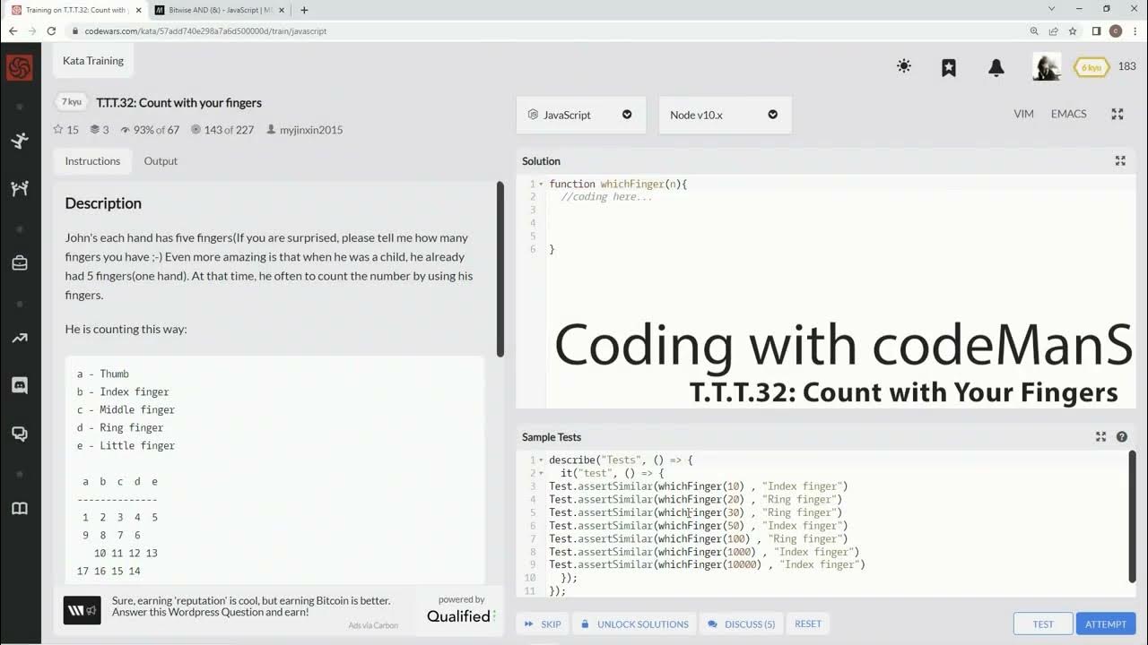 Codewars 7 Kyu Ttt32 Count With Your Fingers Javascript Youtube