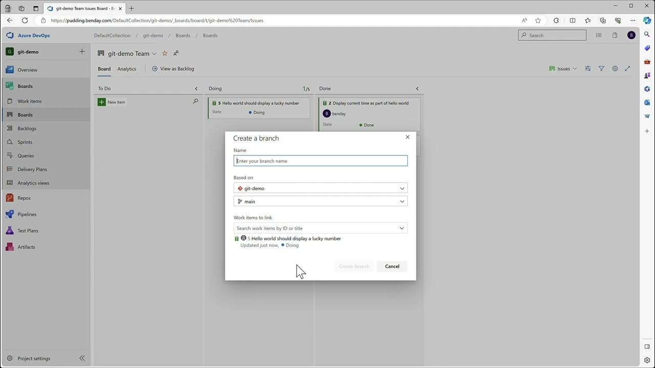 Azure DevOps: Git Pull Requests (Part 1 of 2), Create a Branch from a Work Item - YouTube