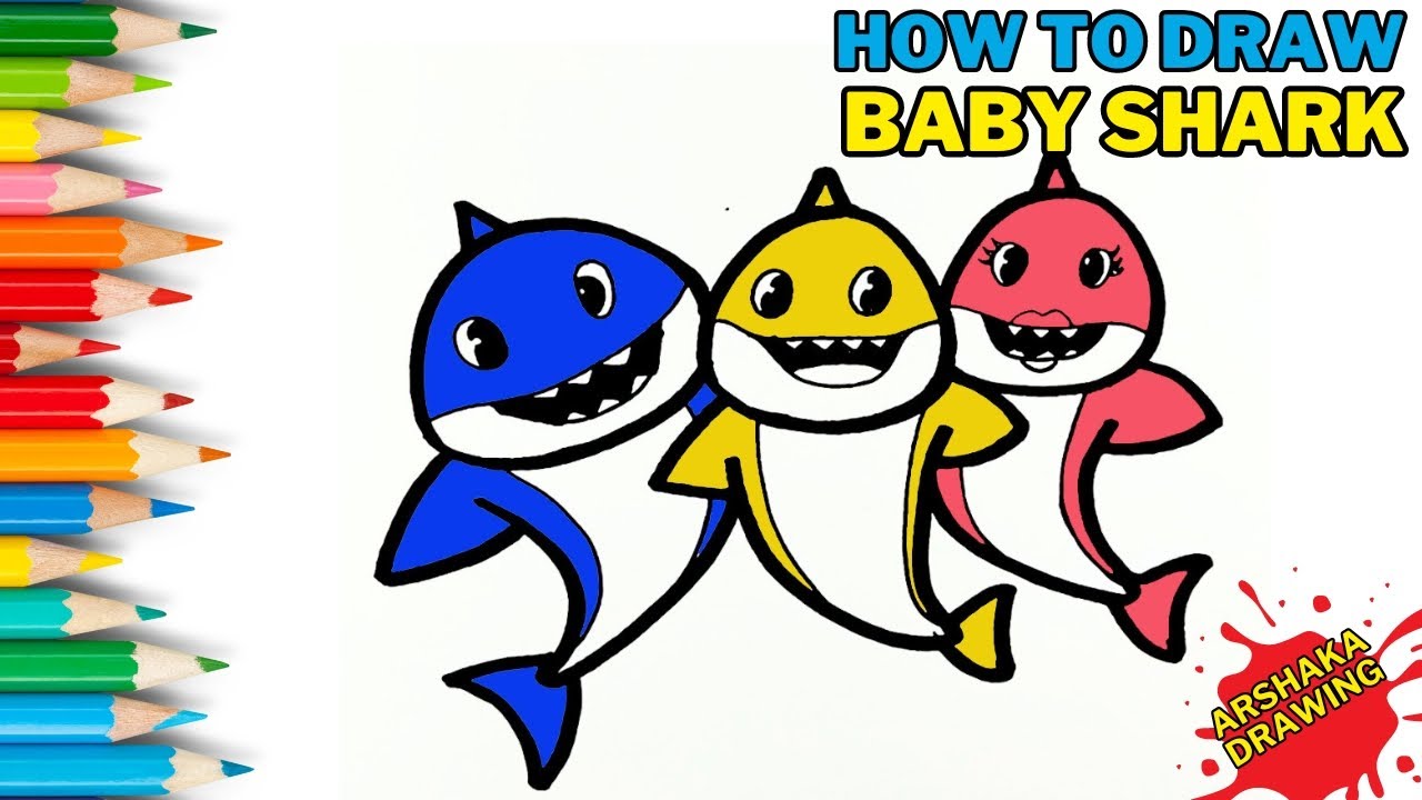 How to Draw Baby Shark Easy | Cartoon Characters Drawing Tutorial for ...