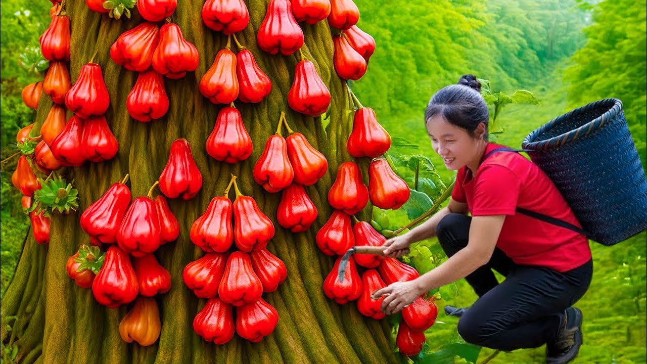 Harvest A Lot Of Bell Fruit Climb Tall Tree on Rainy Day Goes to Market ...