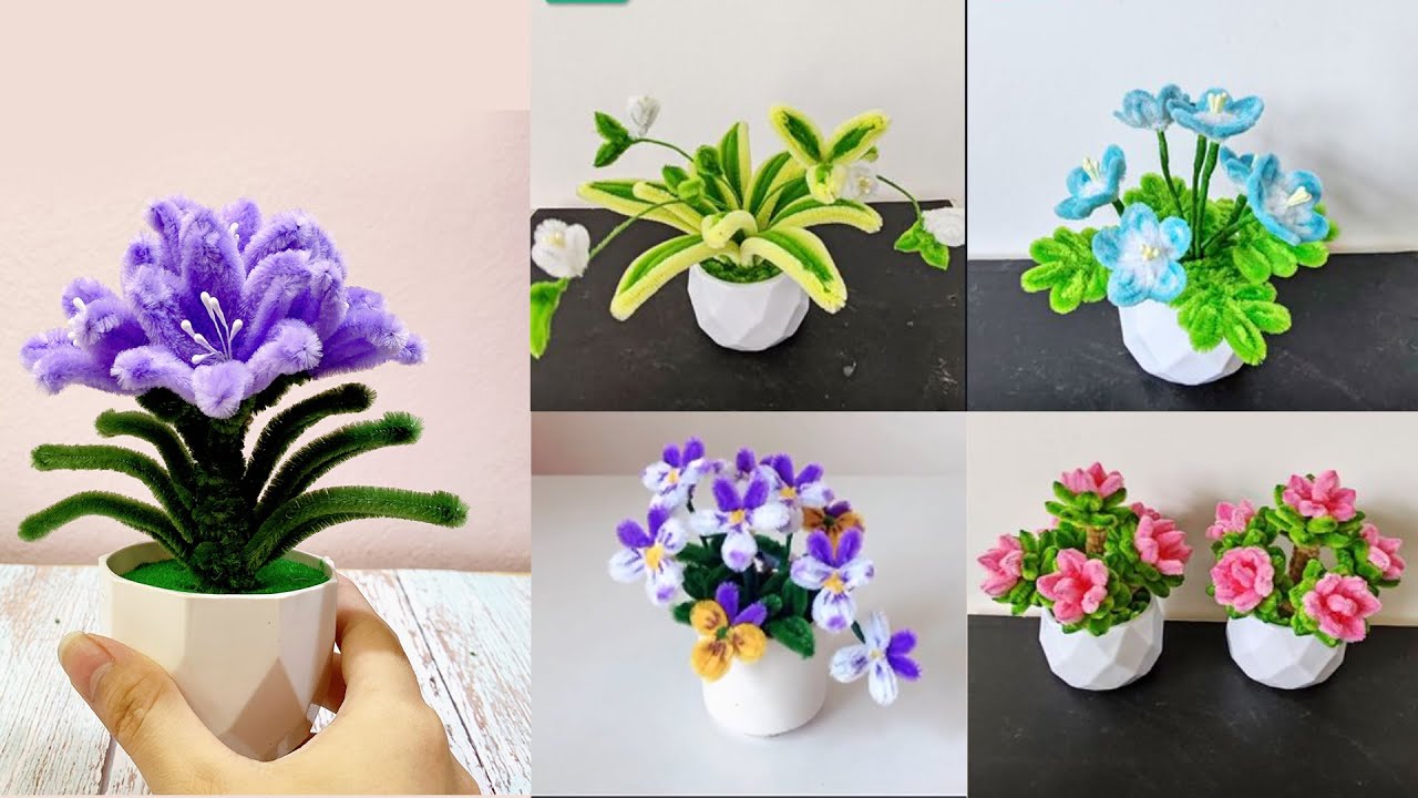 5 Beautiful Pipe Cleaner Flower Making | DIY Mini Flower Pot | Home ...