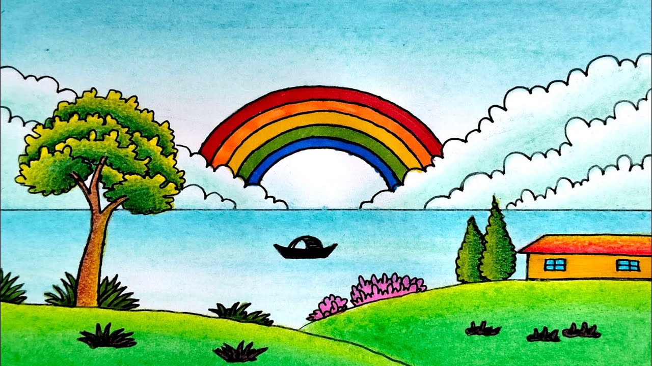 How to Draw Rainbow 🌈 Scenery Drawing | Rainbow Landscape Village ...