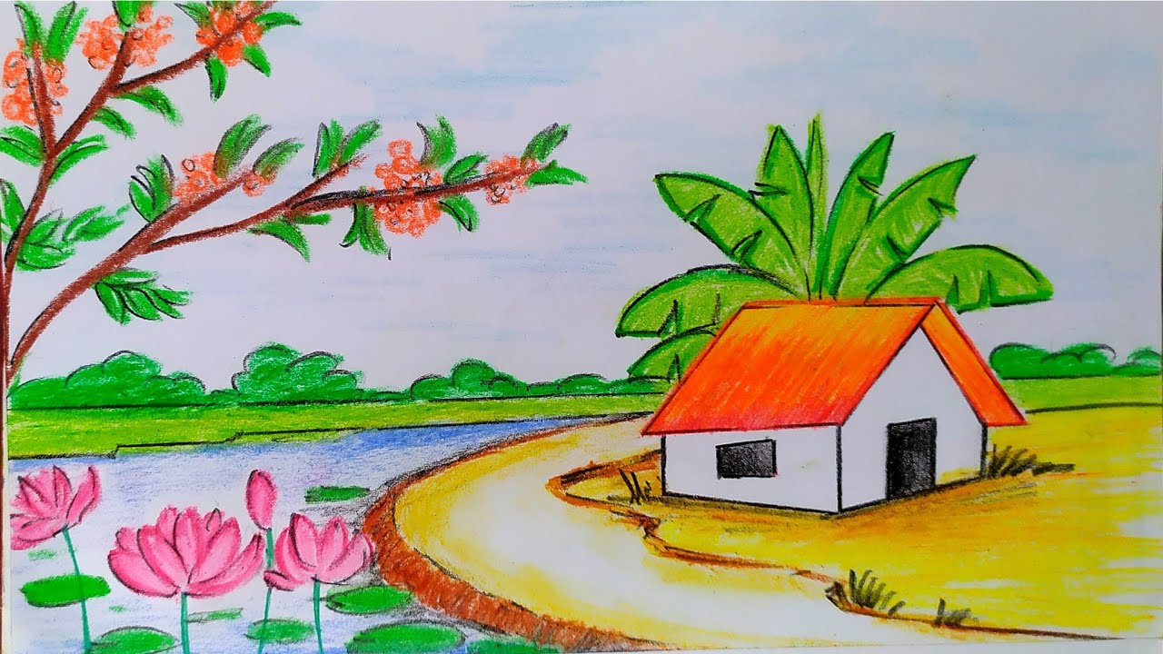 How to draw easy scenery | Drawing beautiful village scenery with ...