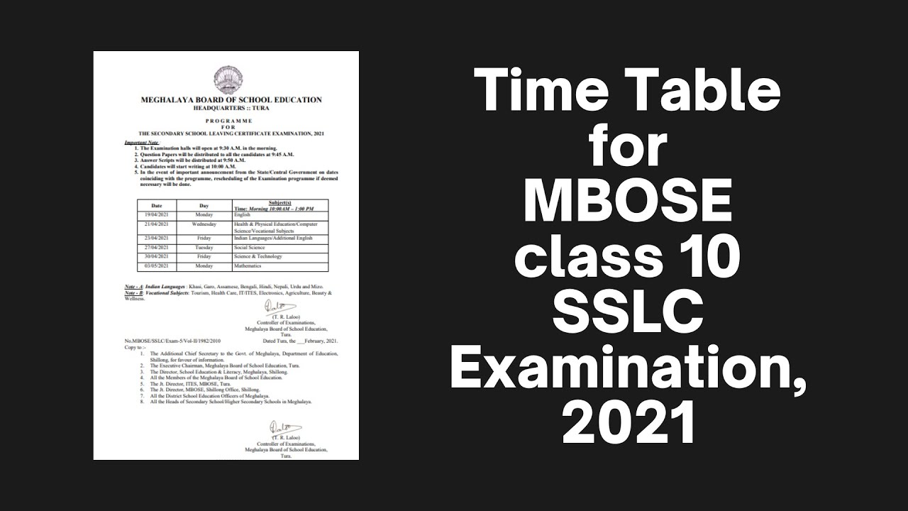 Time Table for MBOSE class 10 SSLC Examination, 2021 - YouTube