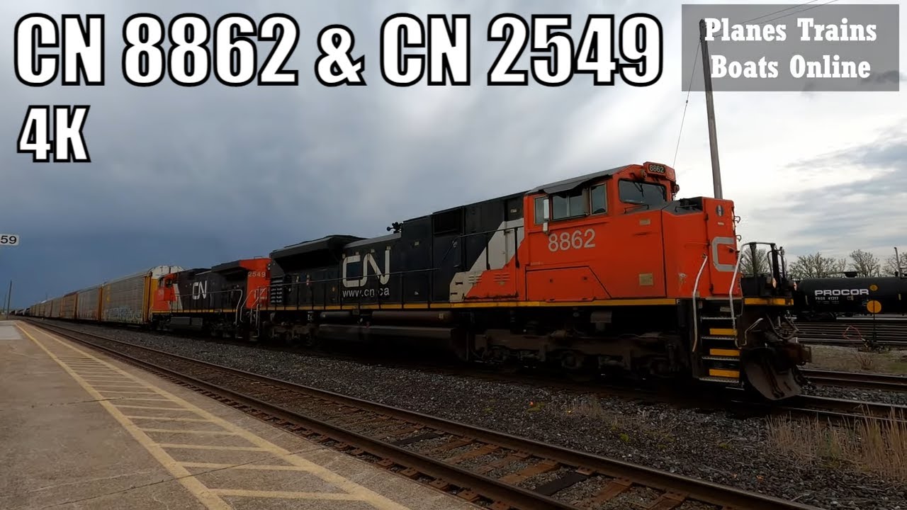 4K - Monster CN Train With CN 8862 & CN 2549 Locomotives Strathroy Sub - YouTube