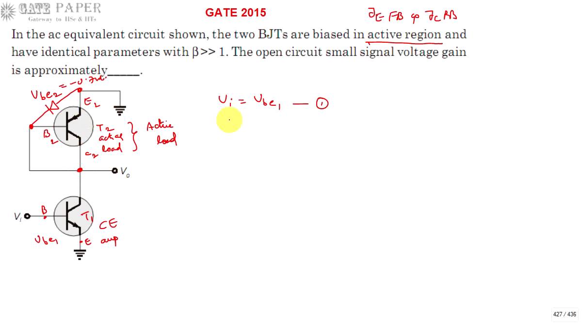 GATE 2015 ECE Small signal voltage gain of ac equivalent circuit given ...