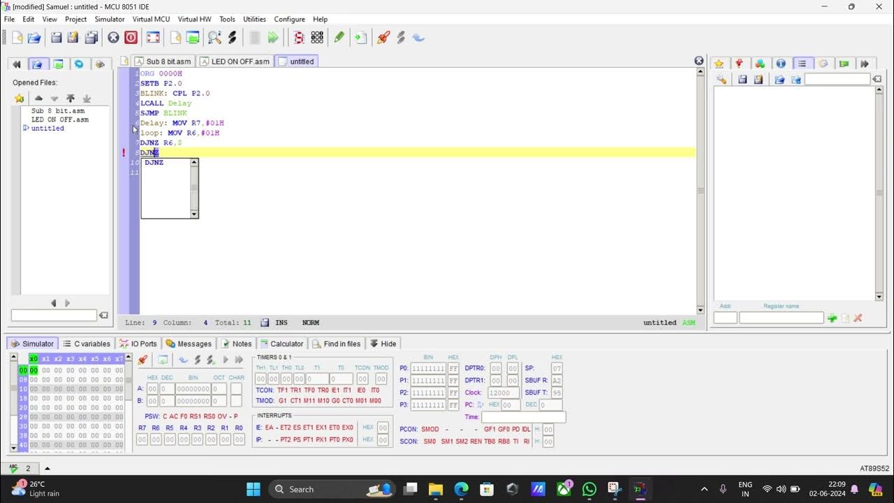 How to start Hardware simulation in MCU 8051 IDE? (Example: LED ...